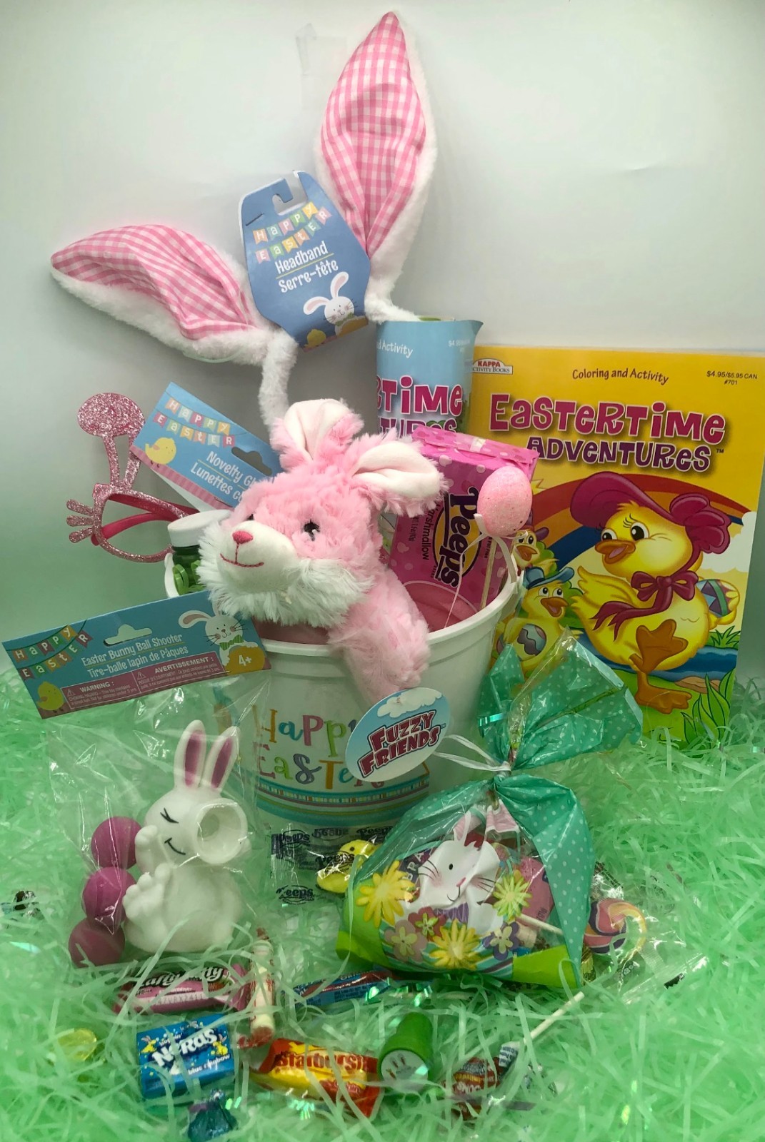 Premade Girls Easter Basket with Plush Bunny, bunny ears set, glasses ...