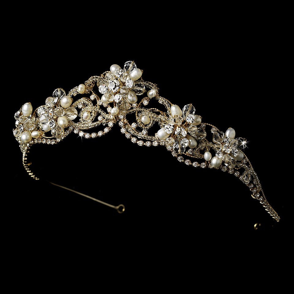 Gold / Silver Couture Ivory Freshwater Pearl Austrian Crystal Bridal ...