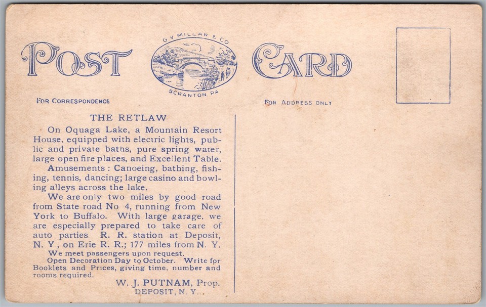 Postcard Oquaga Lake New York c1910s The Retlaw Advertisement W. J ...