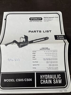 Hydraulic Chain Saw STANLEY CS05 CS06 parts list Manual Book Guide Shop ...