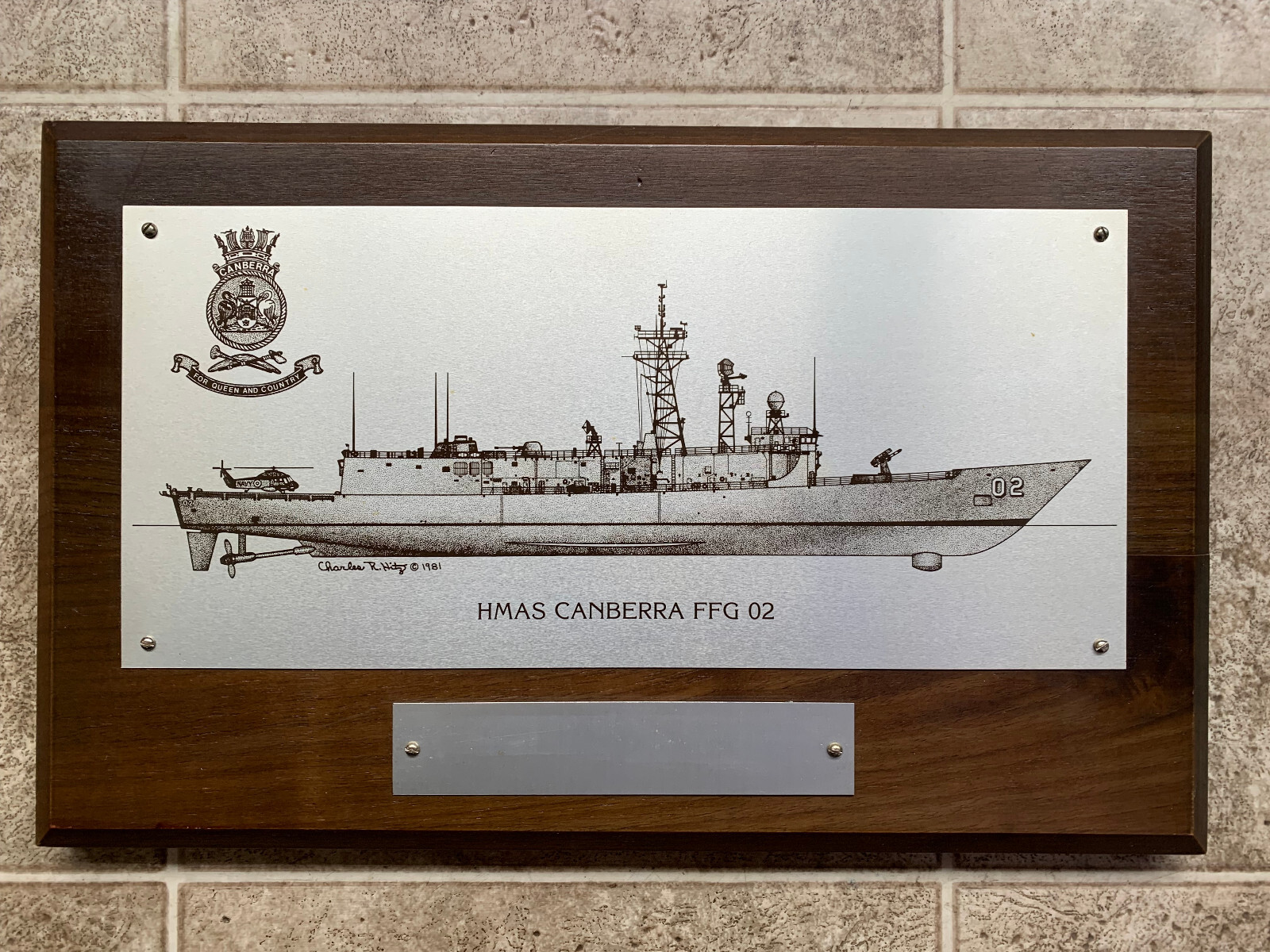 Australian Navy HMAS Canberra FFG 02 plaque. Wood and metal. 13" x 8 ...