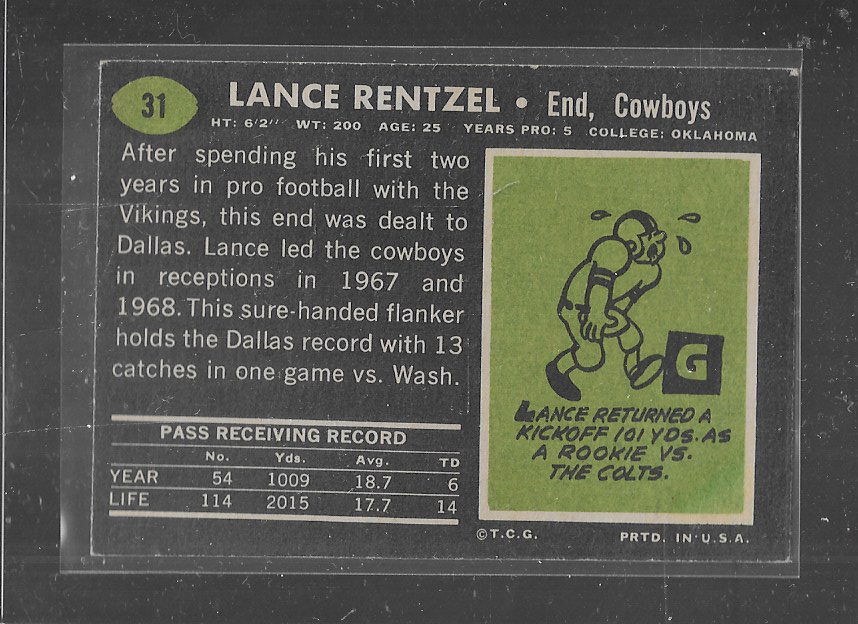 1969 TOPPS FOOTBALL # 31 LANCE RENTZEL NICE CARD | eBay