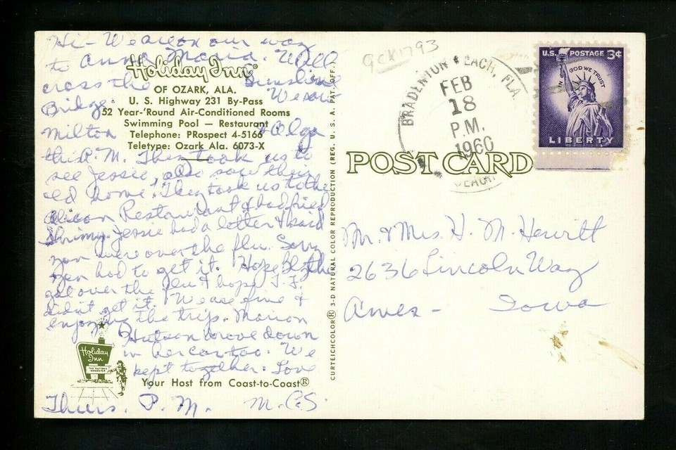 Holiday Inn Motel Hotel Postcard Alabama AL Ozark pool host back | eBay