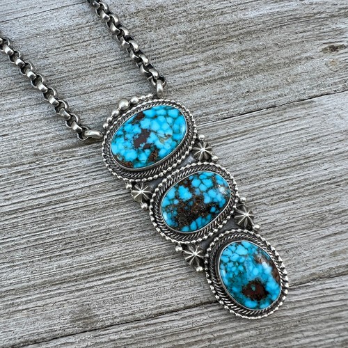 24" spiderweb Kingman turquoise Necklace, Sterling Silver Rolo Chain ...