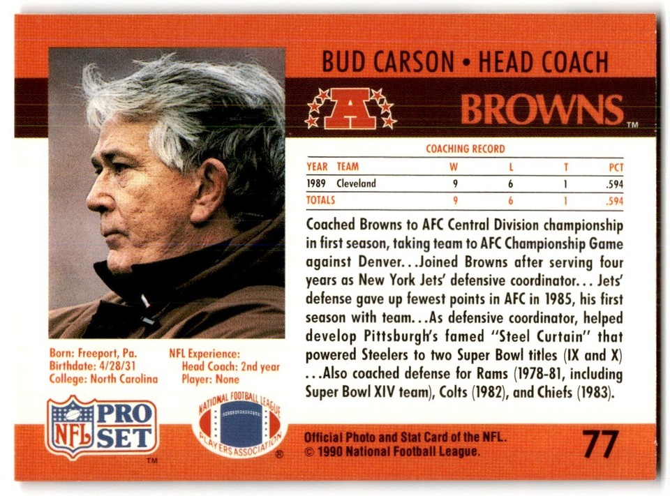 1990 Pro Set Bud Carson Cleveland Browns #77 | eBay