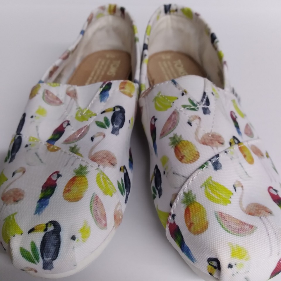 TOMS White Printed Parrots Birds Classic Slip On Canvas Shoes Women's ...