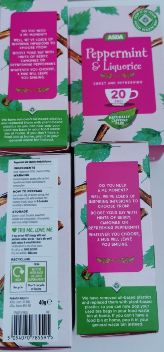 Peppermint Liquorice Tea Bags 4x 20 Pack Mint Caffeine Free Herbal ...