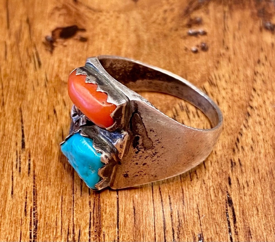 Vintage Rosemary And Ray Nieto Signed Zuni Turquoise and Coral Ring ...