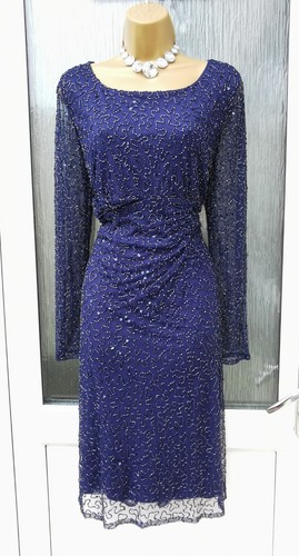 KALEIDOSCOPE Navy Beaded Mesh Long Sleeve Stretch Ruched Midi Dress UK ...