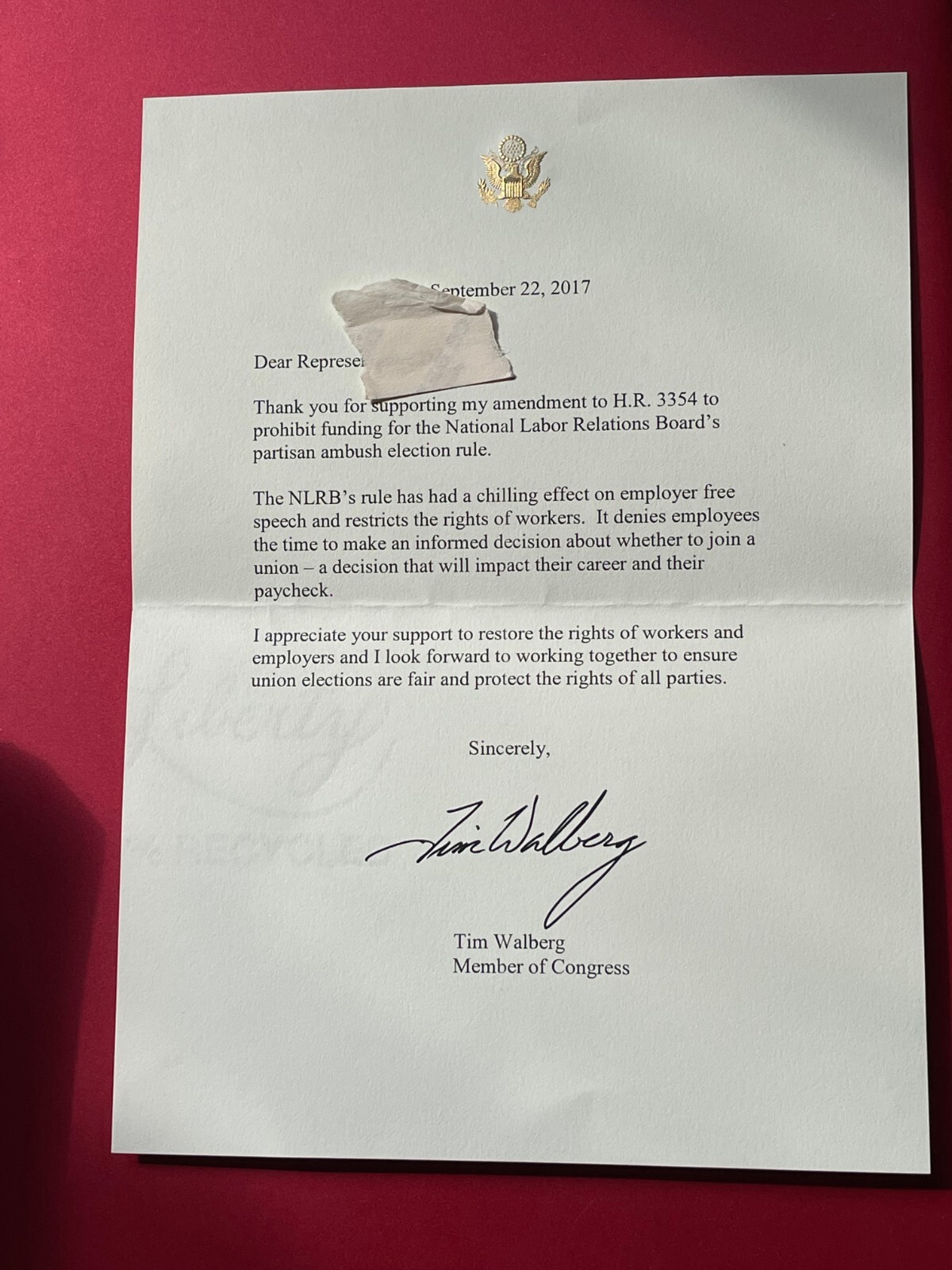 Tim Walberg Signed Letter to Member House of Representatives | eBay
