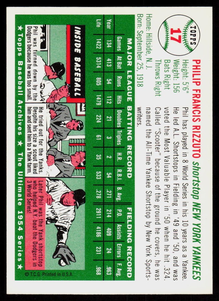 1994 Topps Archives 1954 Phil Rizzuto #17 BASEBALL New York Yankees ...