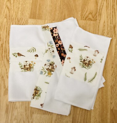 Set Of Four Handmade Terry Cloth Napkins With Owl Prints, White | eBay