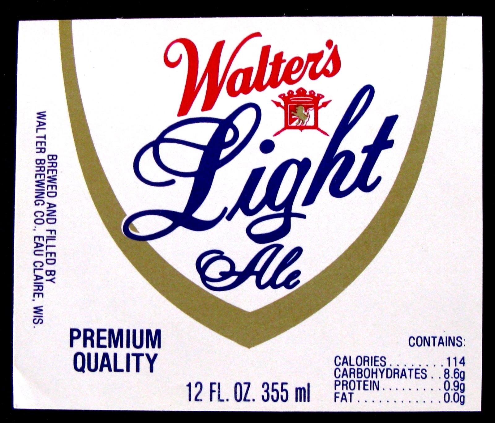 Walter Brewing Co WALTER'S LIGHT ALE paper beer label WI 12oz Var. #1 ...