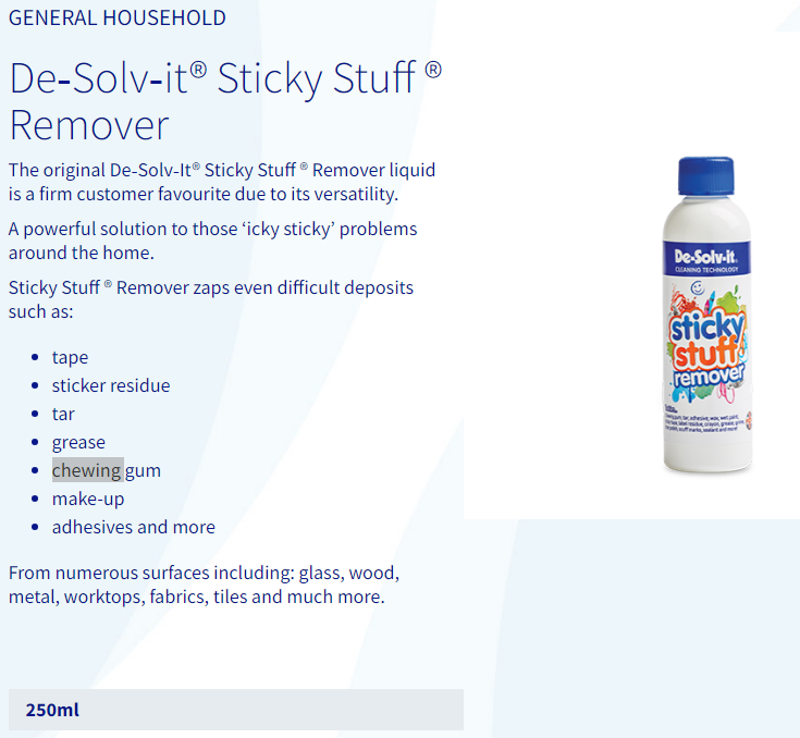 ZEP De-Solv-It 250ml Sticky Stuff Remover Sticker Label Chewing Gum ...