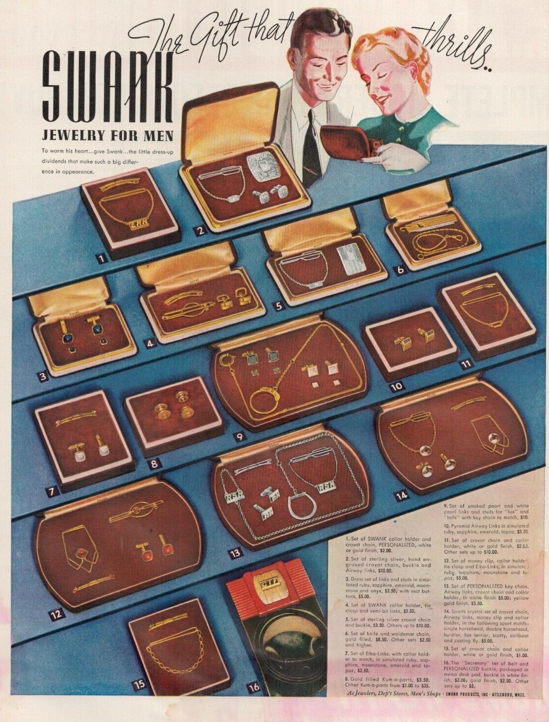 1937 SWANK Vintage Print Ad The Gift that thrills SWANK Jewelry for Men ...