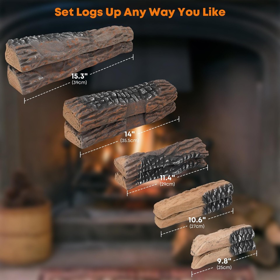 10 Piece Large Ceramic Gas Logs Set for Ventless Fireplace - Realistic ...