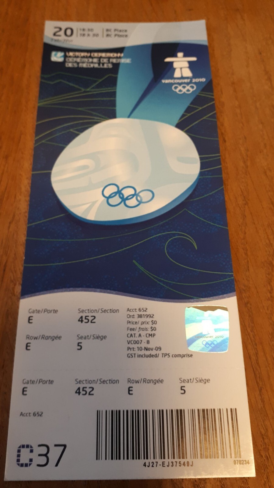 Ticket for collectors Olympic Games 2010 Vancouver 20.02 Victory ...