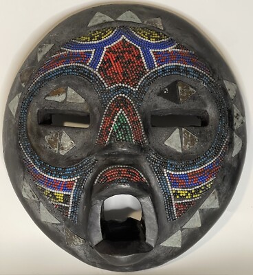 Vtg Ghana Kenyan 12”African Beaded Wood Carved Tribal Ceremonial Mask ...