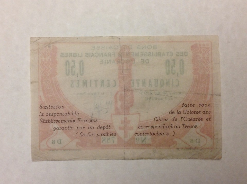 ~ Rare 1942 French Oceania 50 Centimes P-7 - FRANCE WW2 EMERGENCY ...