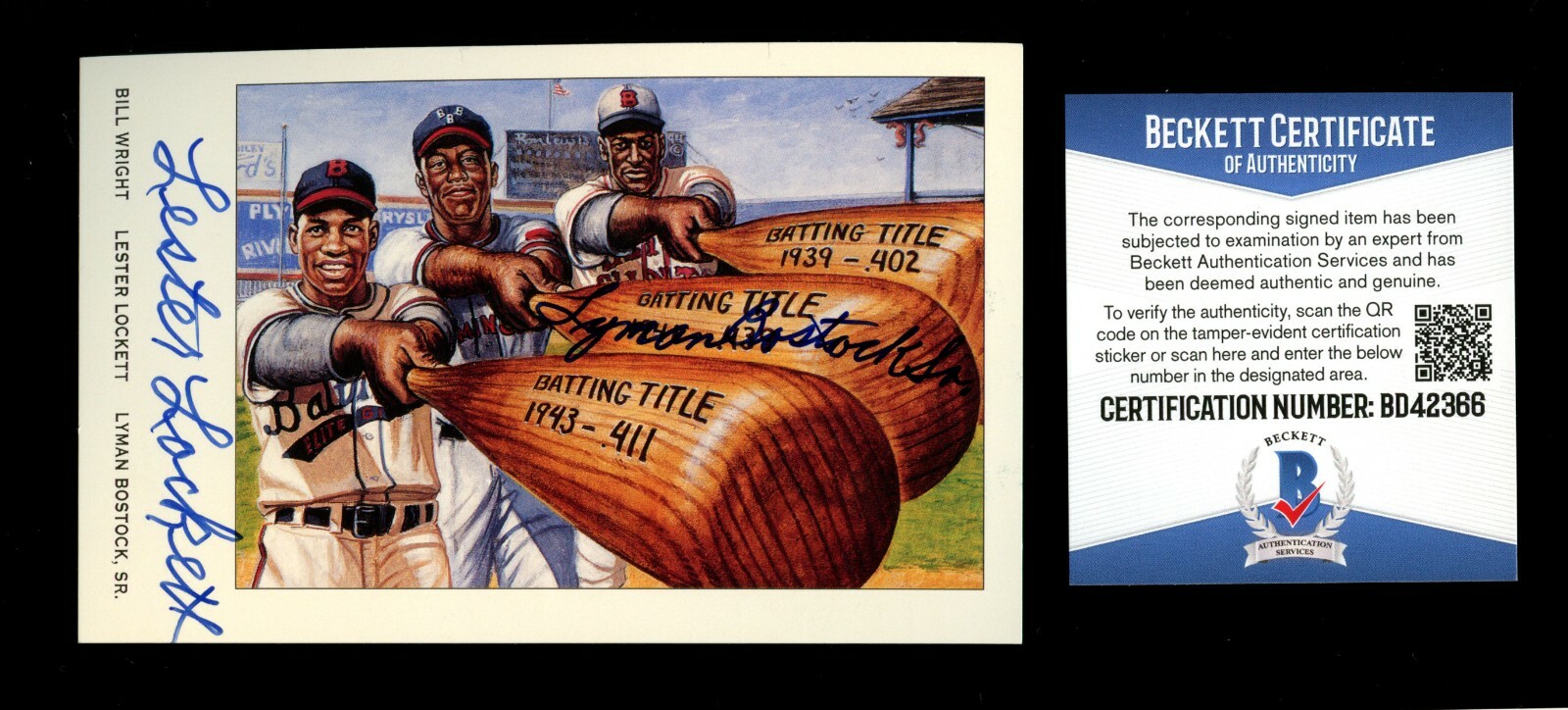Lester Lockett & Lyman Bostock signed autograph Ron Lewis Postcard BAS ...