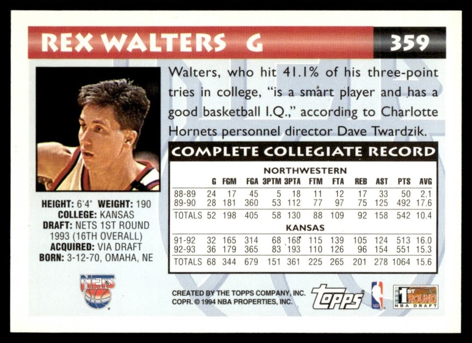 1993-94 Topps 1st Round Draft Pick #359 Rex Walters Rookie New Jersey ...