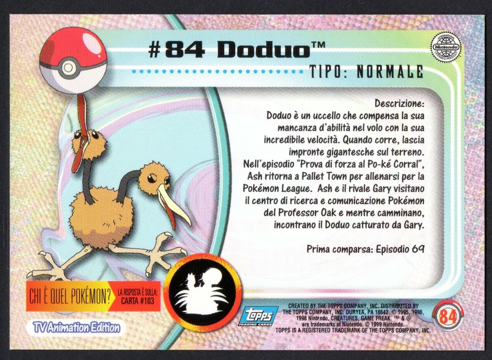 DODUO CARD #84 POKEMON TRADING CARD COLLECTION TOPPS 1999-2000 | eBay