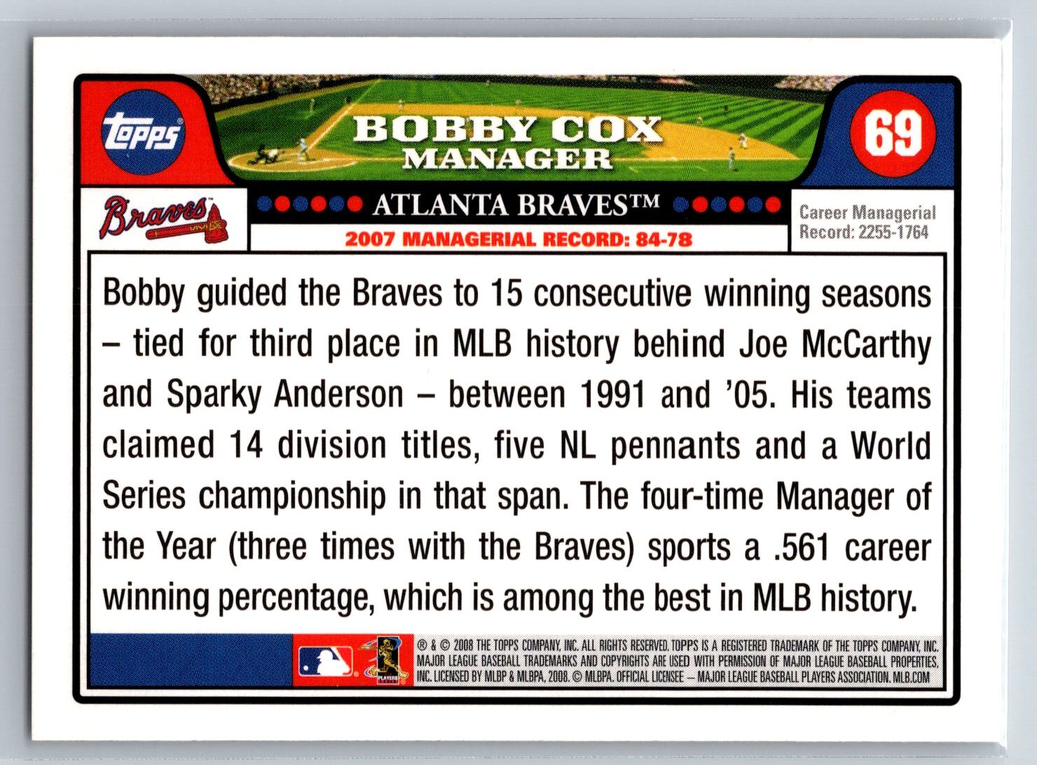 2008 Topps Bobby Cox Atlanta Braves #69 | eBay