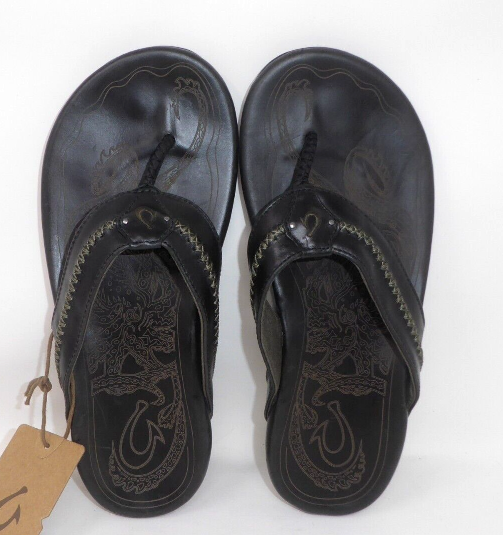 OluKai Mens Mea Ola Flip Flop Sandals Black Size 10 Leather 10138-4040 ...