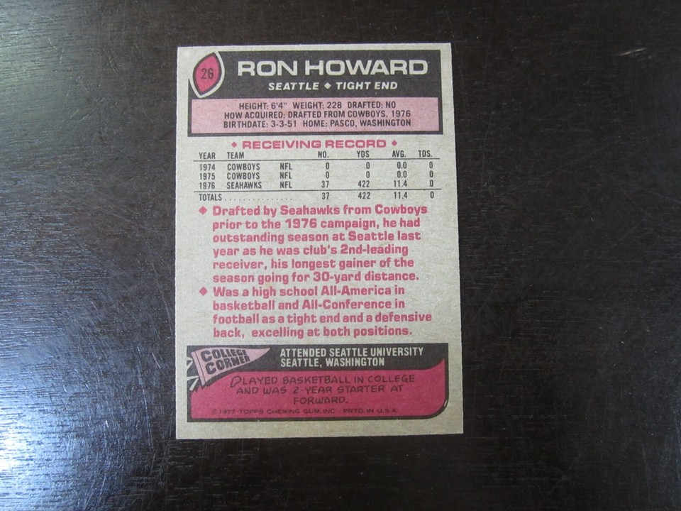 1977 Topps # 26 Ron Howard Autograph Signed Auto Card (M2) Seattle ...
