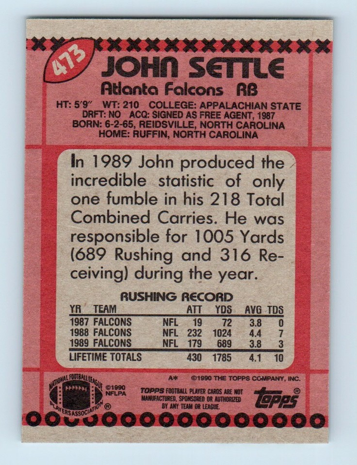 1990 Topps John Settle Atlanta Falcons #473 | eBay