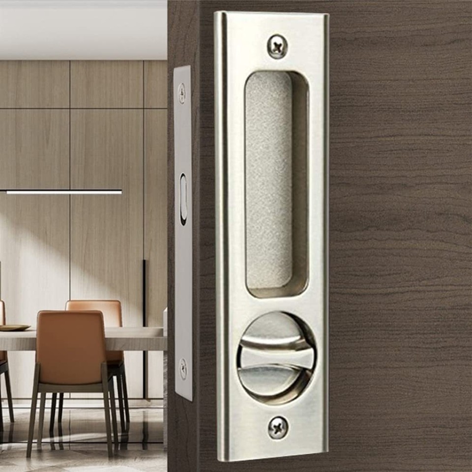 Brushed Silver Pocket Door Lock Privacy Handle with Key 6.3" Barn Door ...