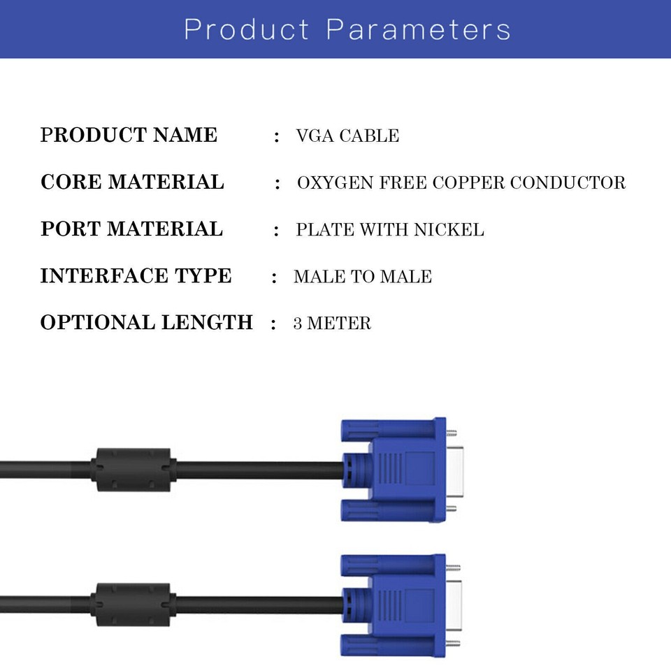 3m VGA Cable SVGA 15 Pin PC Computer Monitor LCD Extension Male to Male ...