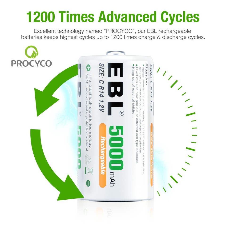 EBL 4 Pack C Size C Cell NiMH Rechargeable Batteries 1.2V + Battery ...