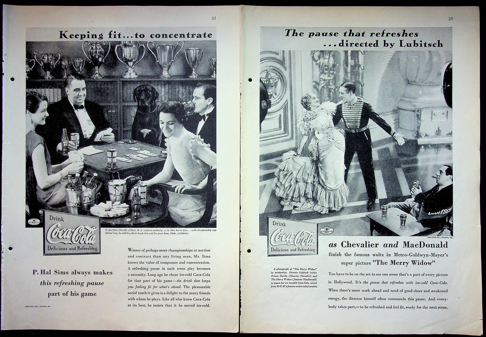 Coca Cola Lot Of 2 Ads 1934 Chevalier MacDonald Merry Widow P. Hal Sims ...