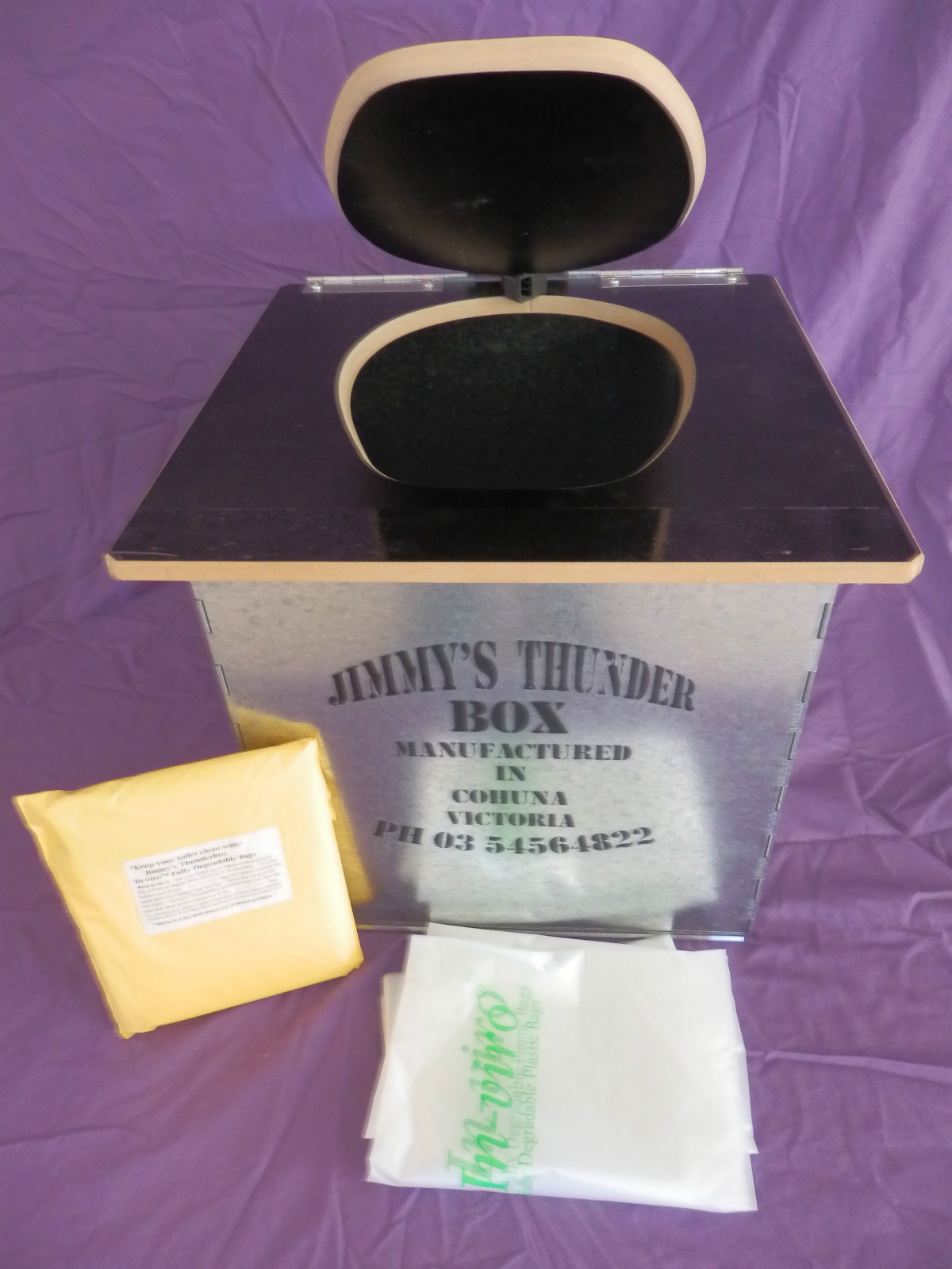 JIMMY'S THUNDERBOX CAMP TOILET BLACK MDF SEAT WITH 6 IN VIRO BAGS ...