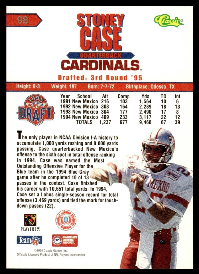 1995 Classic NFL Rookies #98 Stoney Case Rookie Arizona Cardinals | eBay