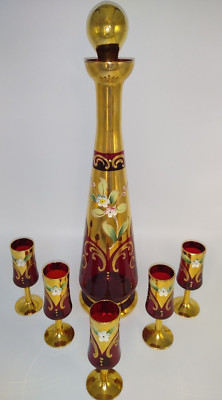 Vintage Bohemian Ruby Red Decanter with (5) Glasses-Hand Painted Gold ...