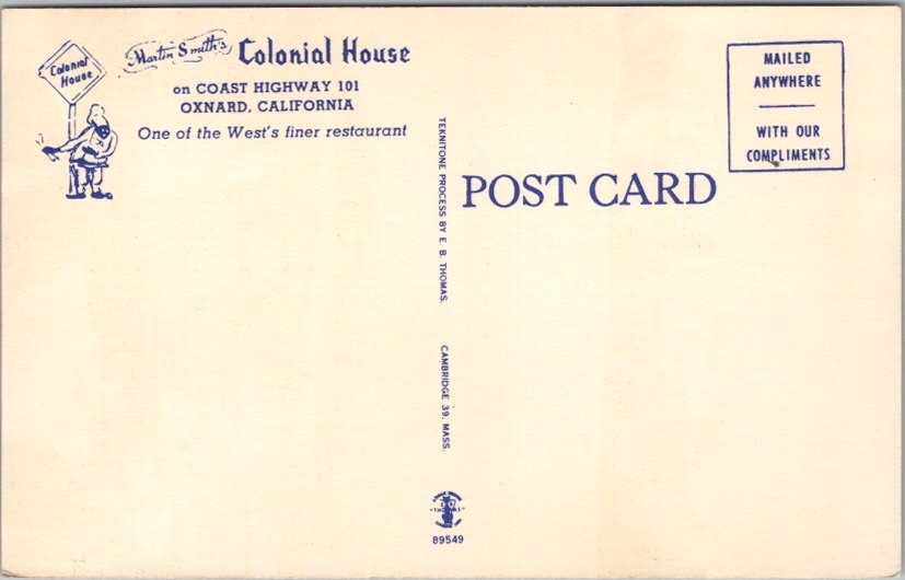 Vintage 1950s OXNARD, California Postcard COLONIAL HOUSE RESTAURANT ...