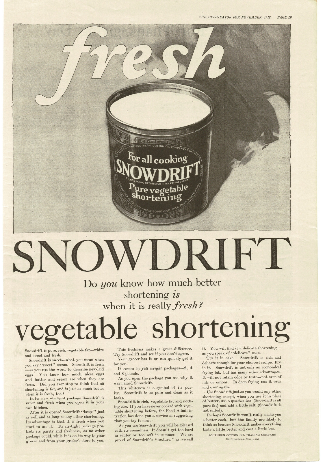 1918 SNOWDRIFT Vegetable shortening Vintage Print Ad | eBay