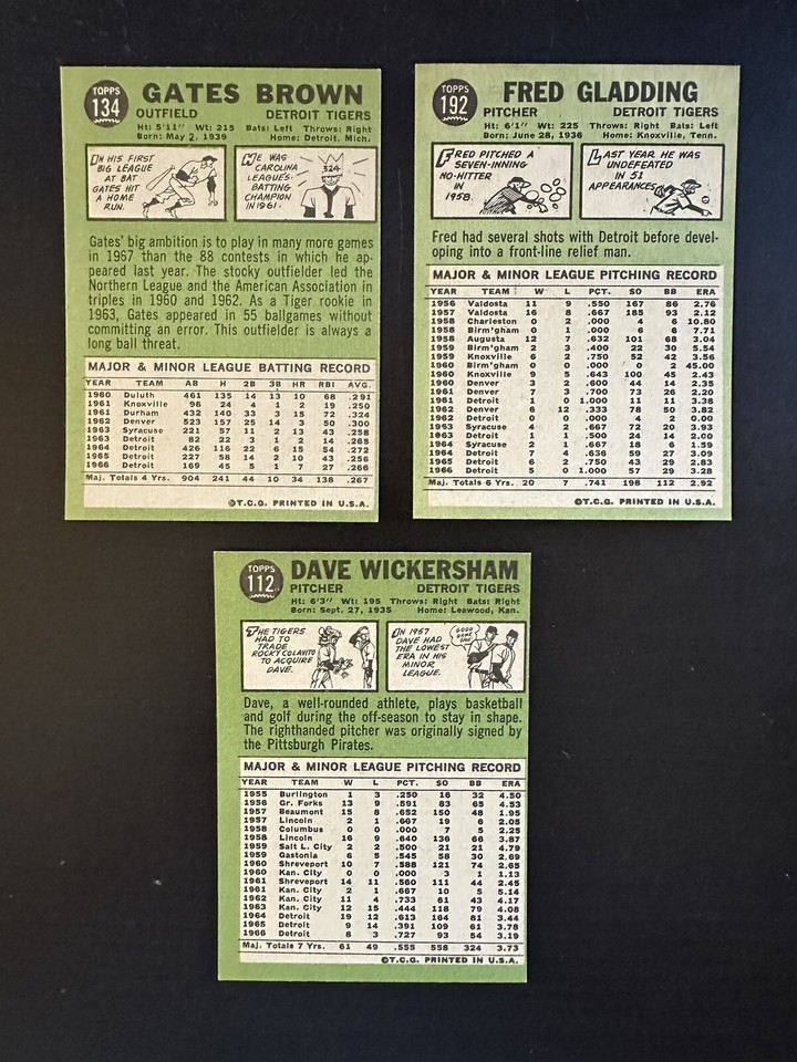 1967 Topps Baseball Gates Brown Fred Gladding Dave Wickersham Detroit ...