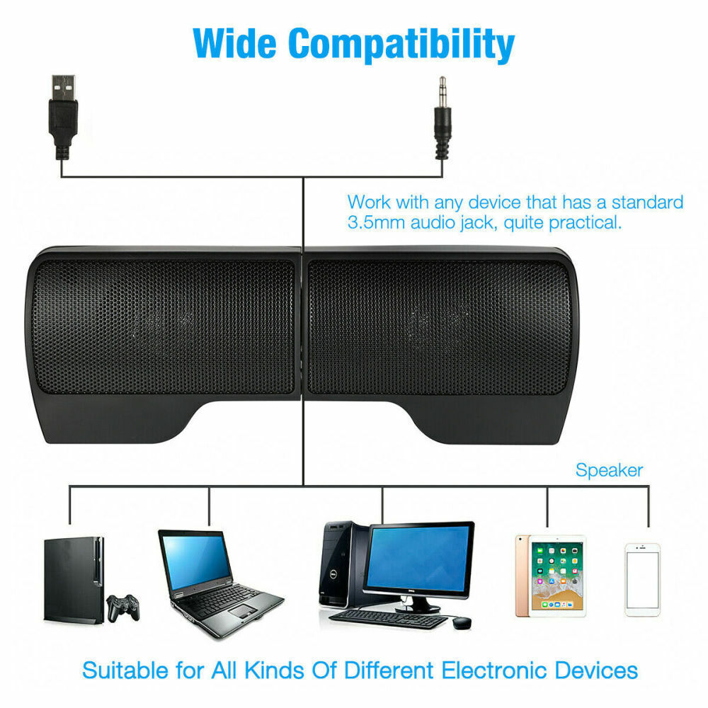 Stereo Sound External USB Computer Speakers Soundbar Clip Laptop Tablet ...