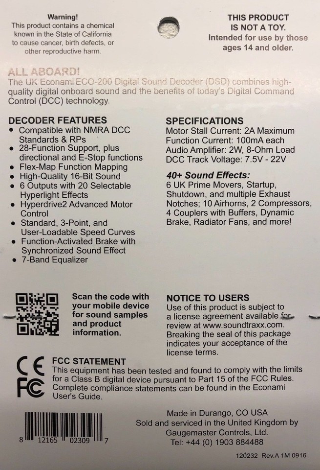 Soundtraxx 882102 UK Diesel Econami ECO-200 DCC Sound Decoder | $5 ...