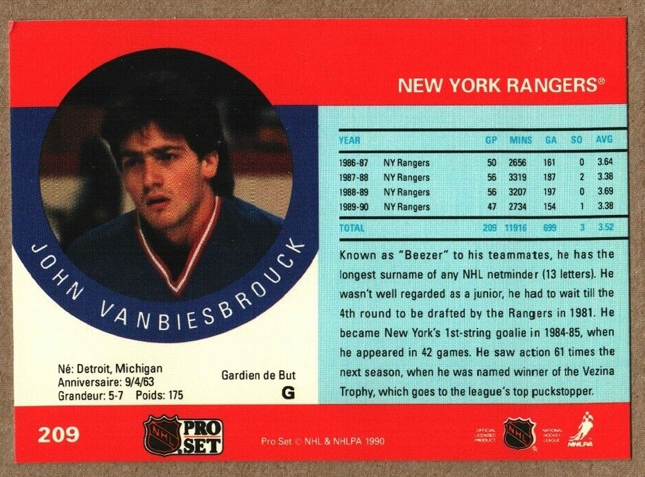 1990 PRO SET HOCKEY CARD - #209 JOHN VANBIESBROUCK NEW YORK RANGERS | eBay