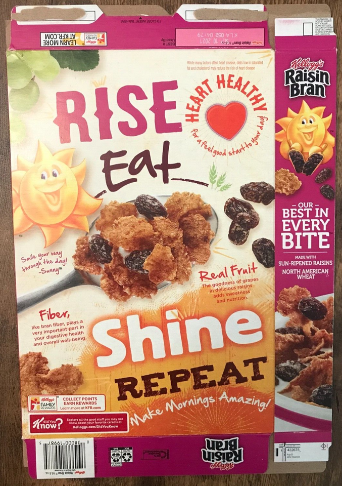 EMPTY Kellogg's Raisin Bran Healthy Rise Eat Shine Cereal Box Sunny ...
