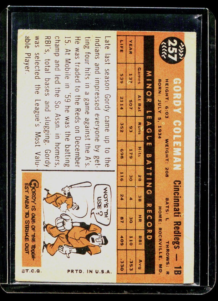 1960 Topps GOOD Gordy Coleman Rookie #257 Cincinnati Reds | eBay
