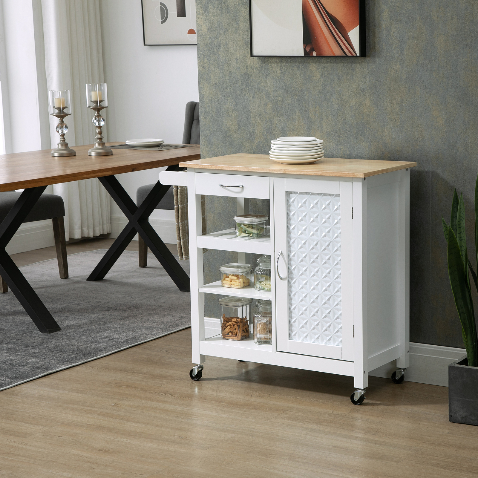 Compact Kitchen Trolley Utility Cart on Wheels with Embossed Door White ...