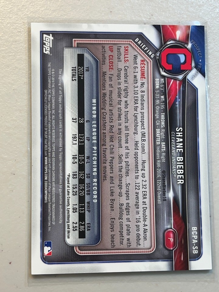 Shane Bieber 2018 Bowman Chrome Base Auto Autograph Prospect BCPA-SB ...