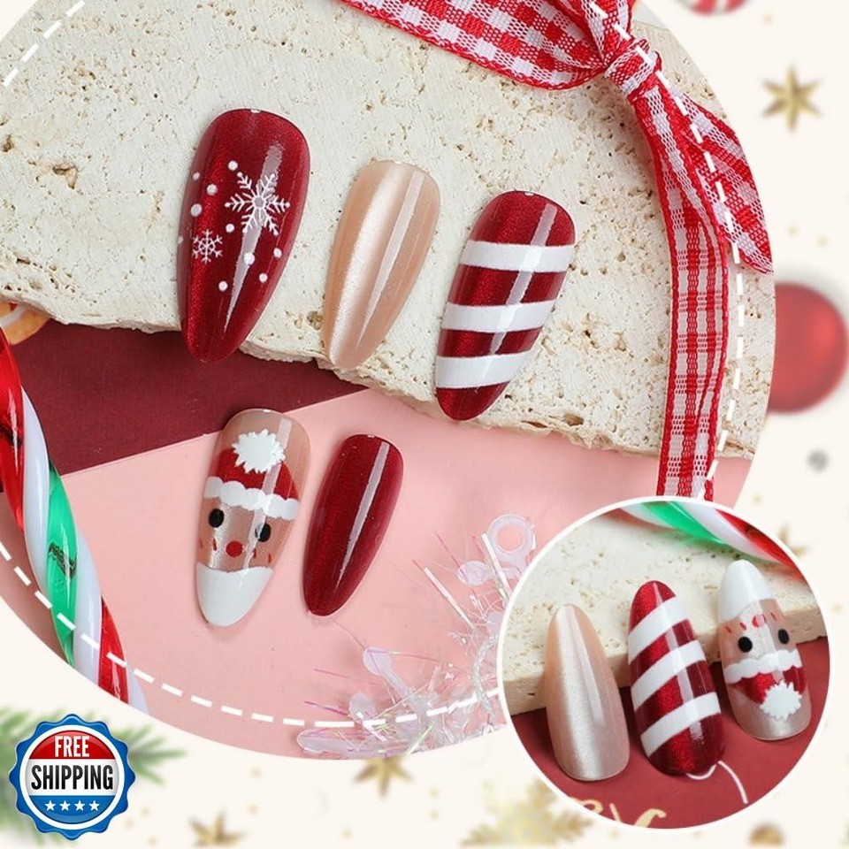 Christmas Press on Nails Red Medium Almond Fake Nails with Santa Claus ...