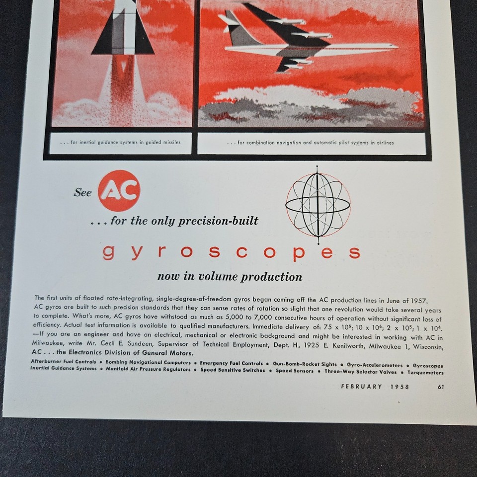1958 AC General Motors Gyroscopes Guided Missiles Aircraft Vintage ...