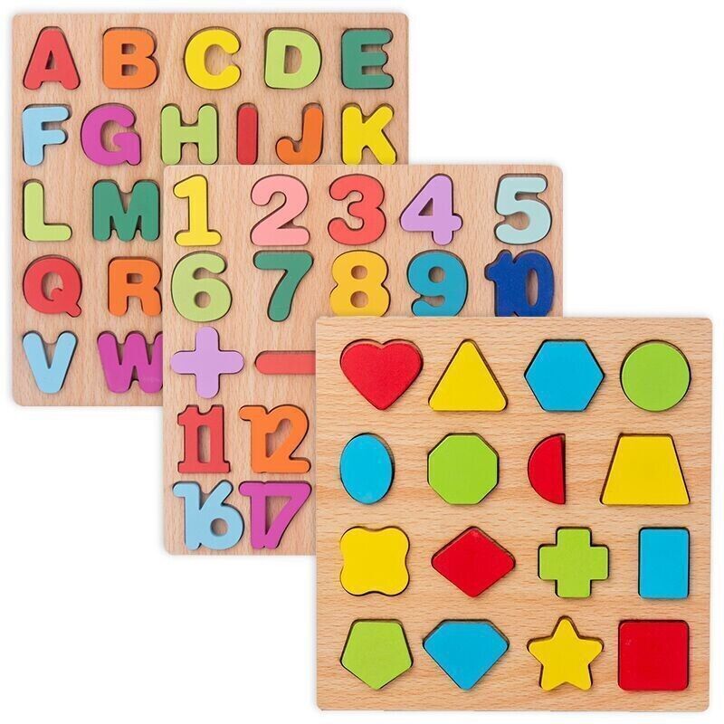 3x ABC Wooden Board Kids Toy Colourful Alphabet Number Shapes Puzzle ...